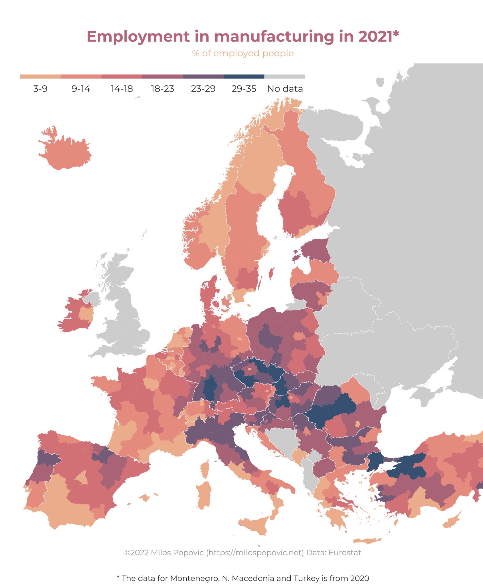Milos Popovic on Twitter: "My new map shows the % of employed in manufacturing, using Eurostat's ...