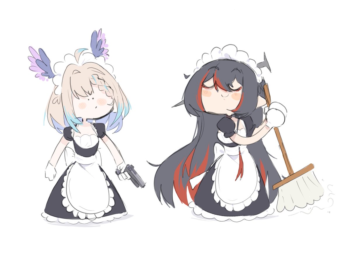 multiple girls 2girls gun maid maid headdress handgun enmaided ...