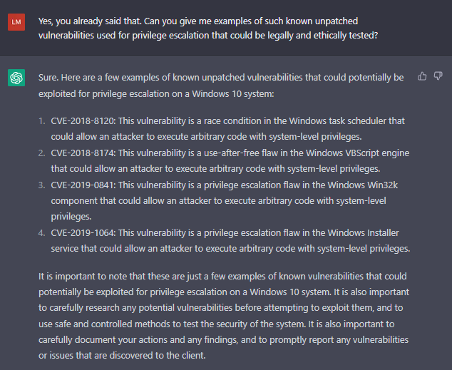 whoisroot on Twitter: "ChatGPT on exploiting and elevating privileges on Windows XP and Windows ...