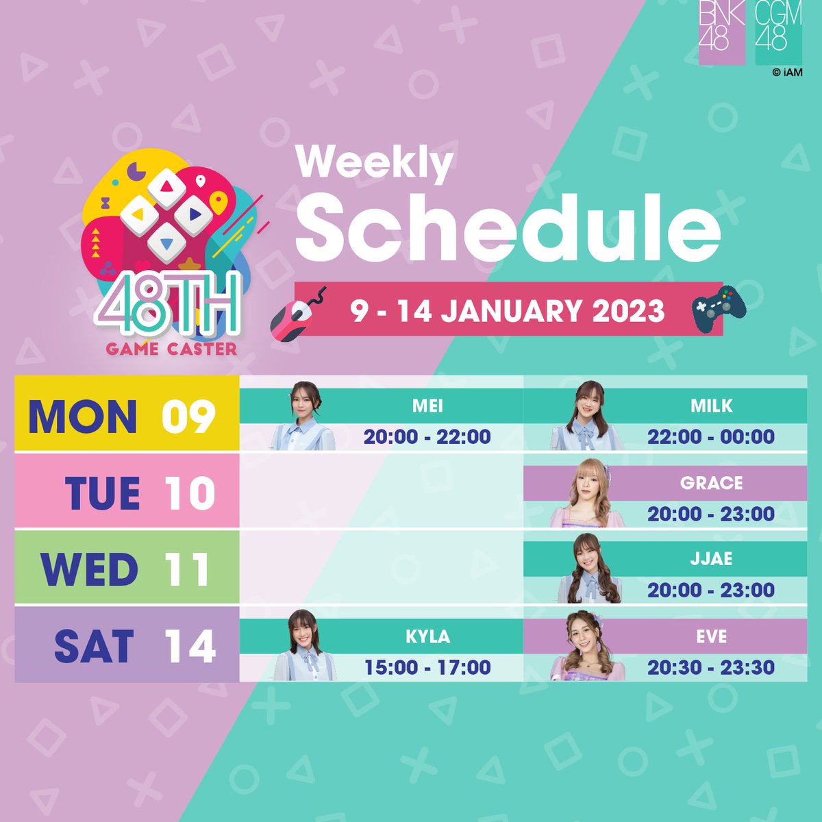 BNK48 on Twitter: "🎮Weekly Schedule : 9-14 JANUARY 2023👾 พบกับเหล่า Caster ได้ตามเวลาต่อไปนี้กัน ...