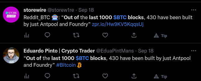 BREAKING: MAJORITY OF #Bitcoin BLOCK PRODUCTION CURRENTLY CONTROLLED BY TWO ENTITIES Out of the ...