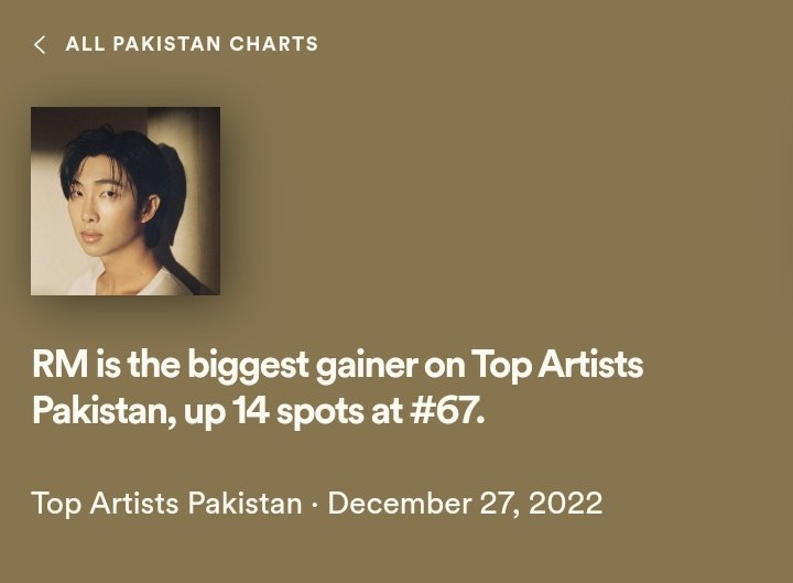 Yoongi on Twitter: "RT @Pk_bts_land: RM is the biggest gainer on Top Artist Spotify Pakistan ...