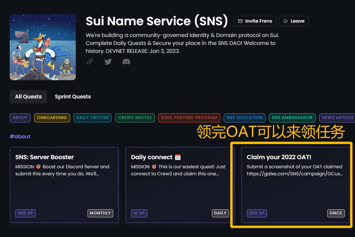 加密猎手CC on Twitter: "📣SUI的域名项目@snsstork 官方明确OAT持有者会获得SNS奖励~ 领完OAT去Crew3领任务经验，Crew3级别达到10级有福报~ 任务都 ...