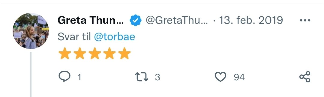 Torstein Bae on Twitter: "Ikke for å skryte men av mine tweets fikk 5 stjerner av Greta"