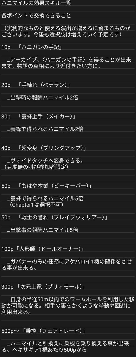 「甘い復讐」運営 On Twitter こちらがスタート時のハニマイルの効果一覧になります。交換の際にはこちらからお選びください。ストーリー進行によって使える項目が増えますのでその都度更新