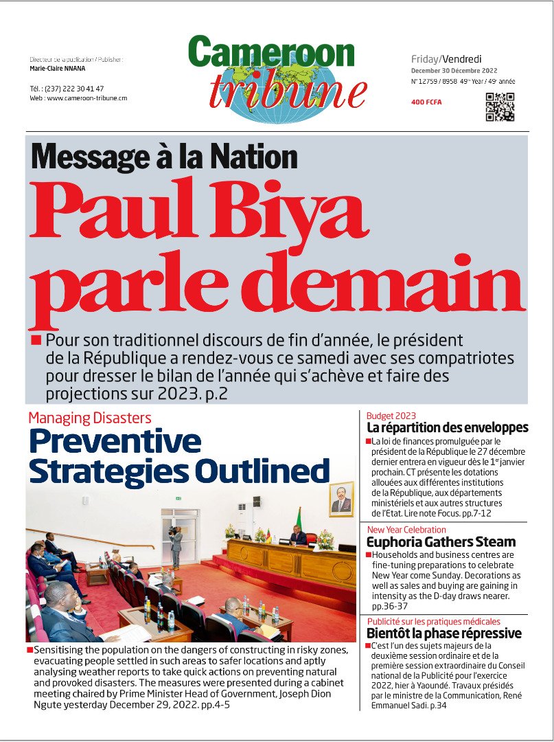 Cameroon Tribune on Twitter: "Recevez la #Une de #CameroonTribune du 30 décembre 2022. Journal à ...
