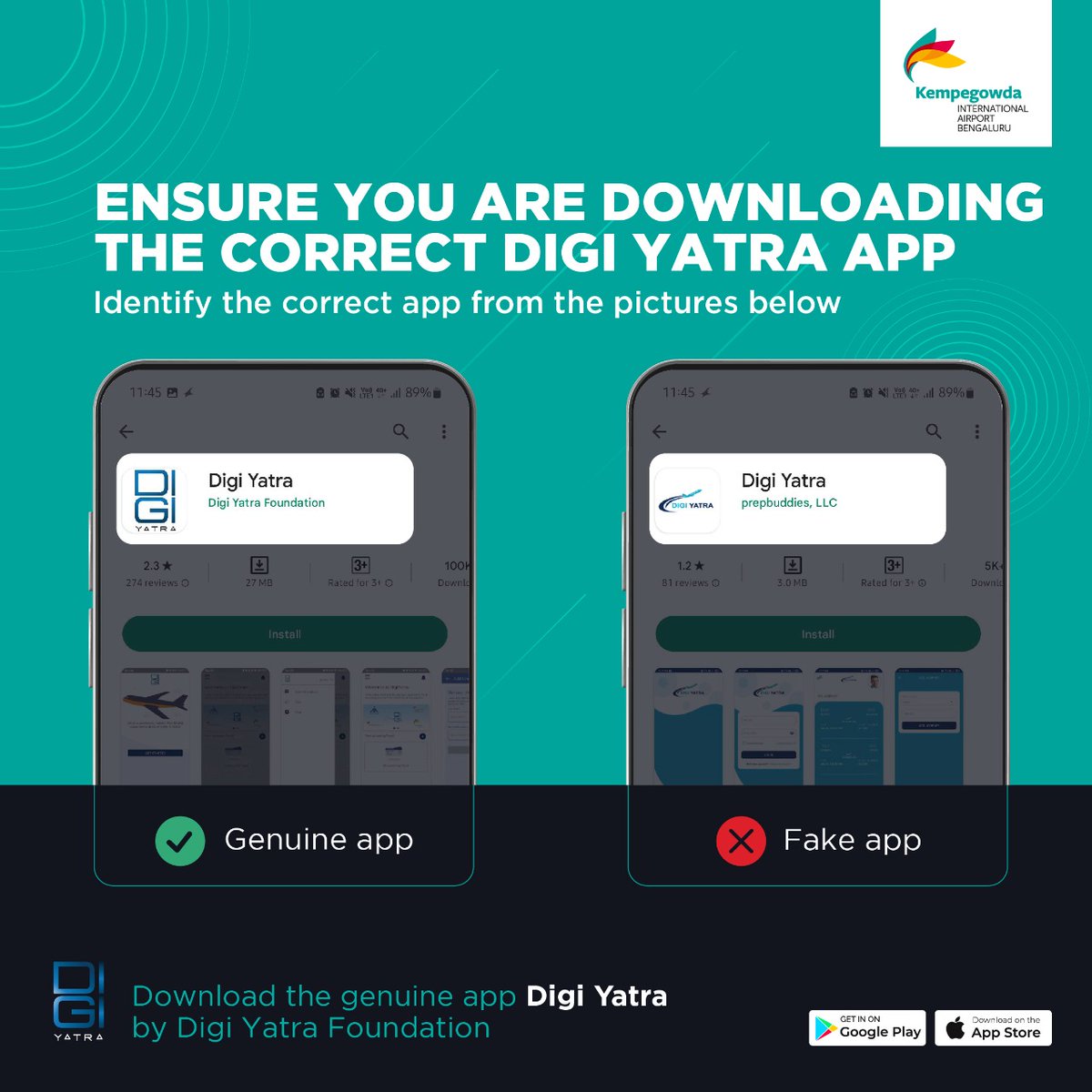 BLR Airport on Twitter: "Be aware of fake Digi Yatra apps ! Download the genuine Digi Yatra App ...