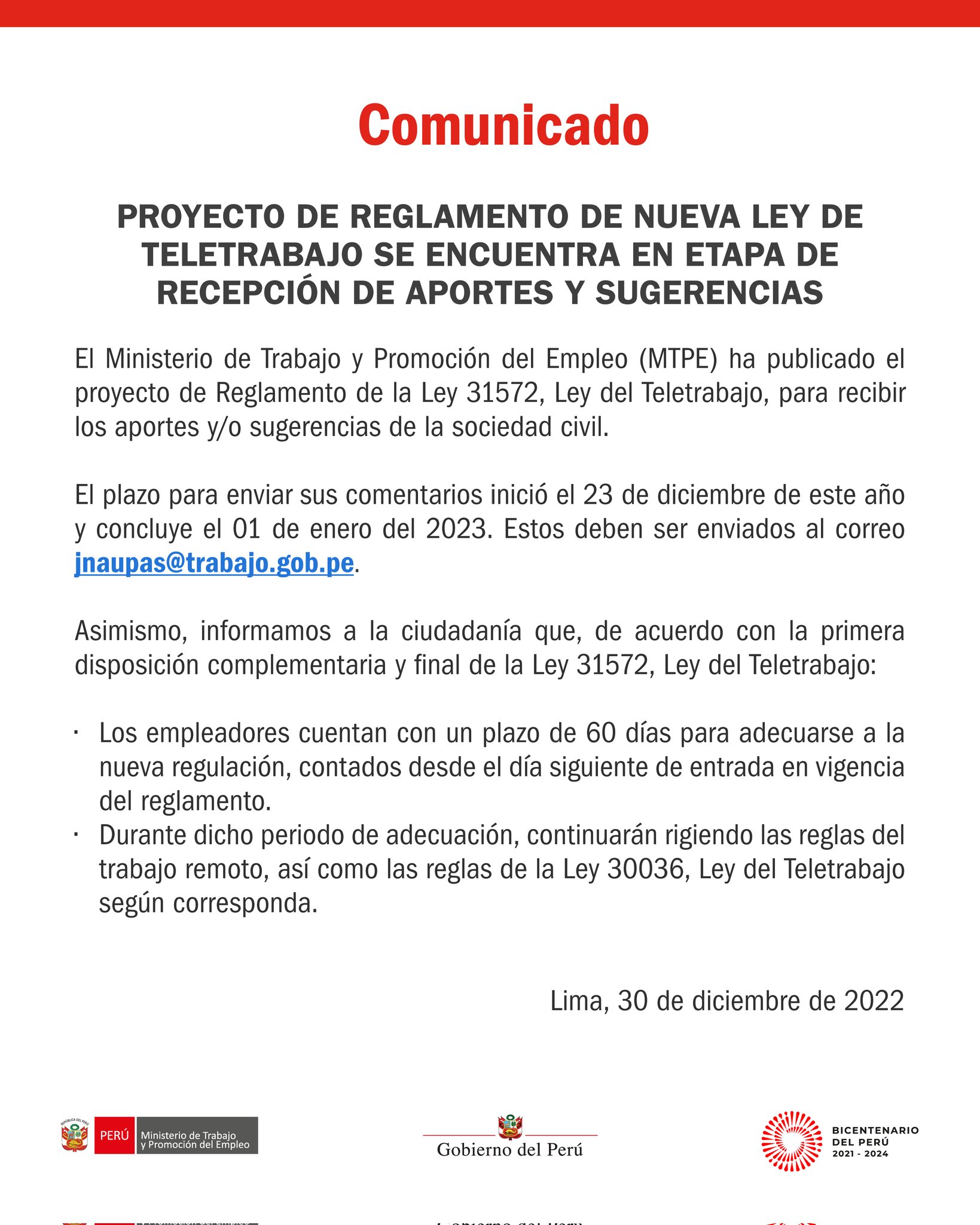 Ministerio de Trabajo on Twitter: "📄 Proyecto de reglamento de Nueva Ley de Teletrabajo se ...