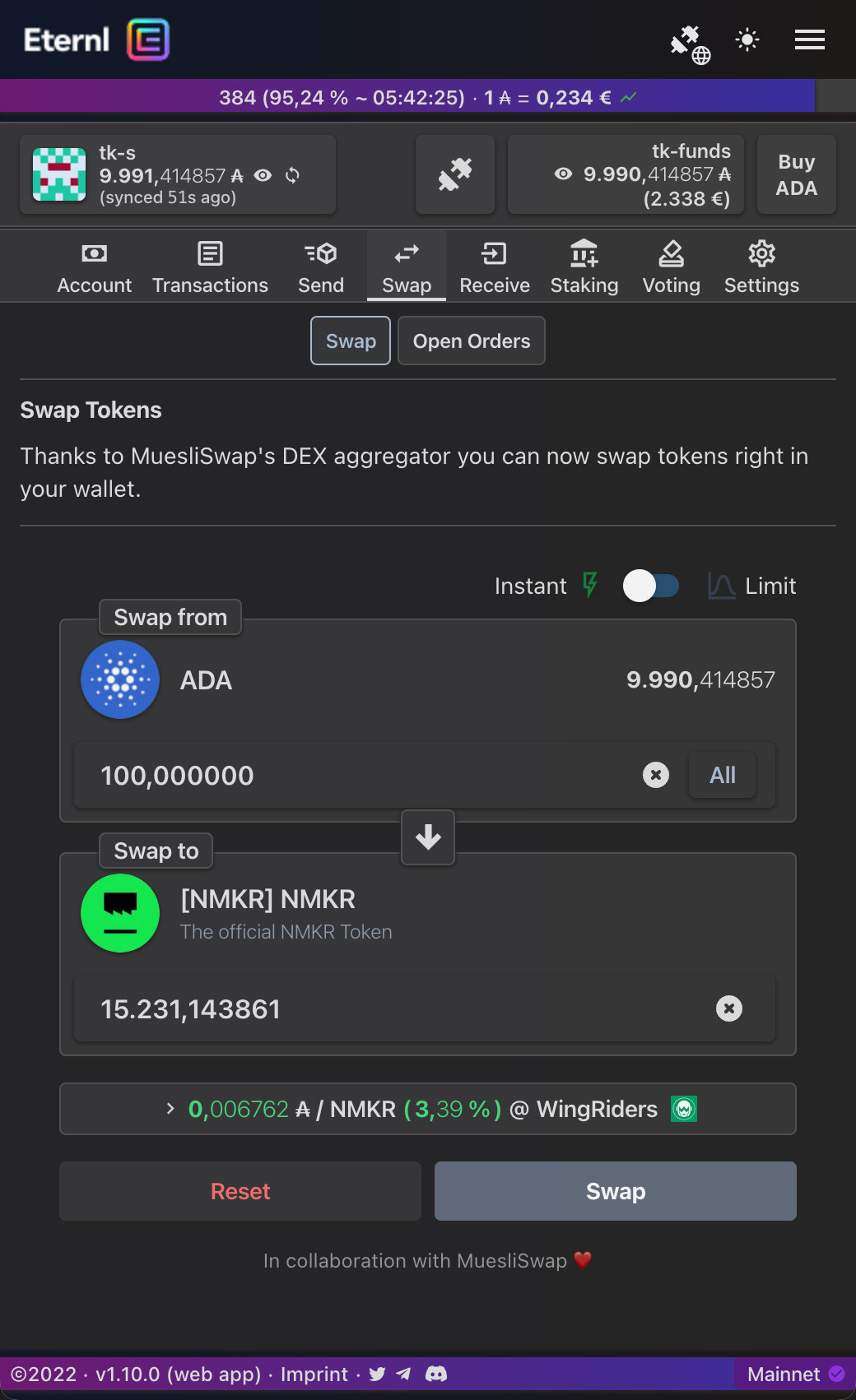 Eternl on Twitter: "Release v1.10.0 🎇🎆🎇 We added in-wallet swapping. You can now exchange # ...