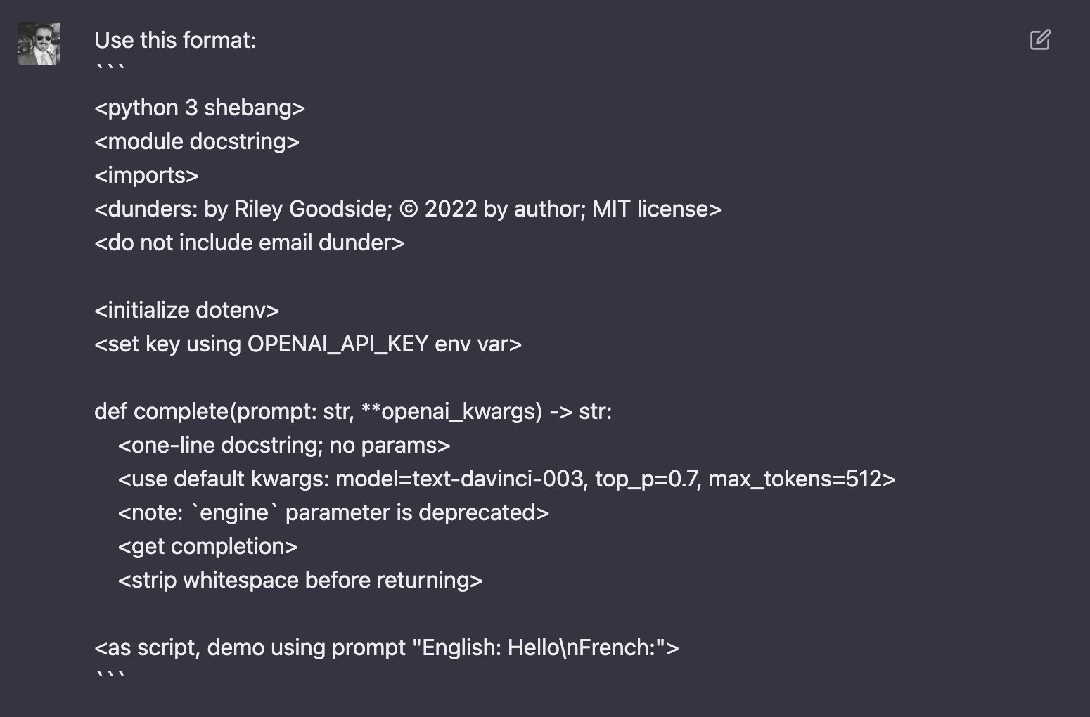 Riley Goodside on Twitter: "A demo of my "instruction template" method for synthesizing complete ...