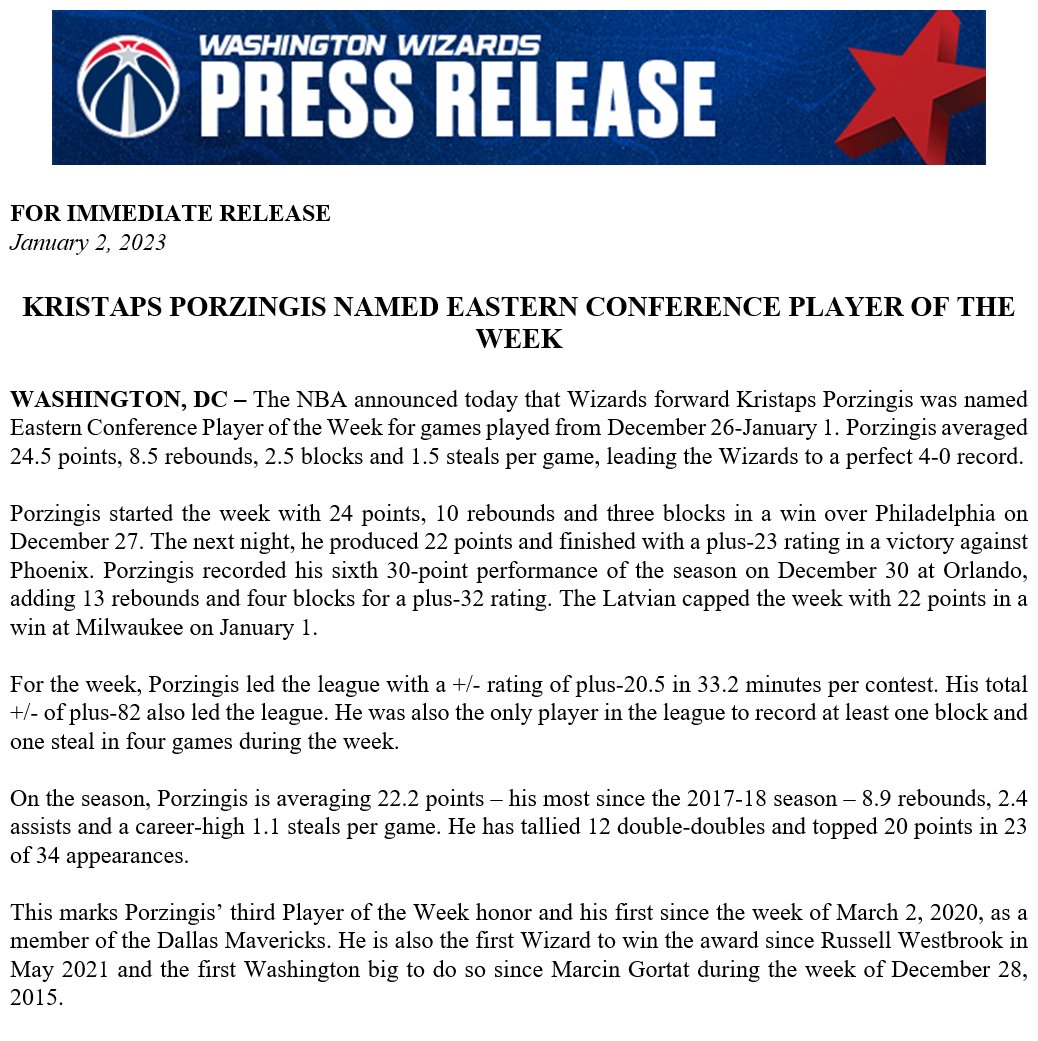Wiz PR Stats on Twitter: "Wizards F Kristaps Porzingis has been named Eastern Conference Player ...