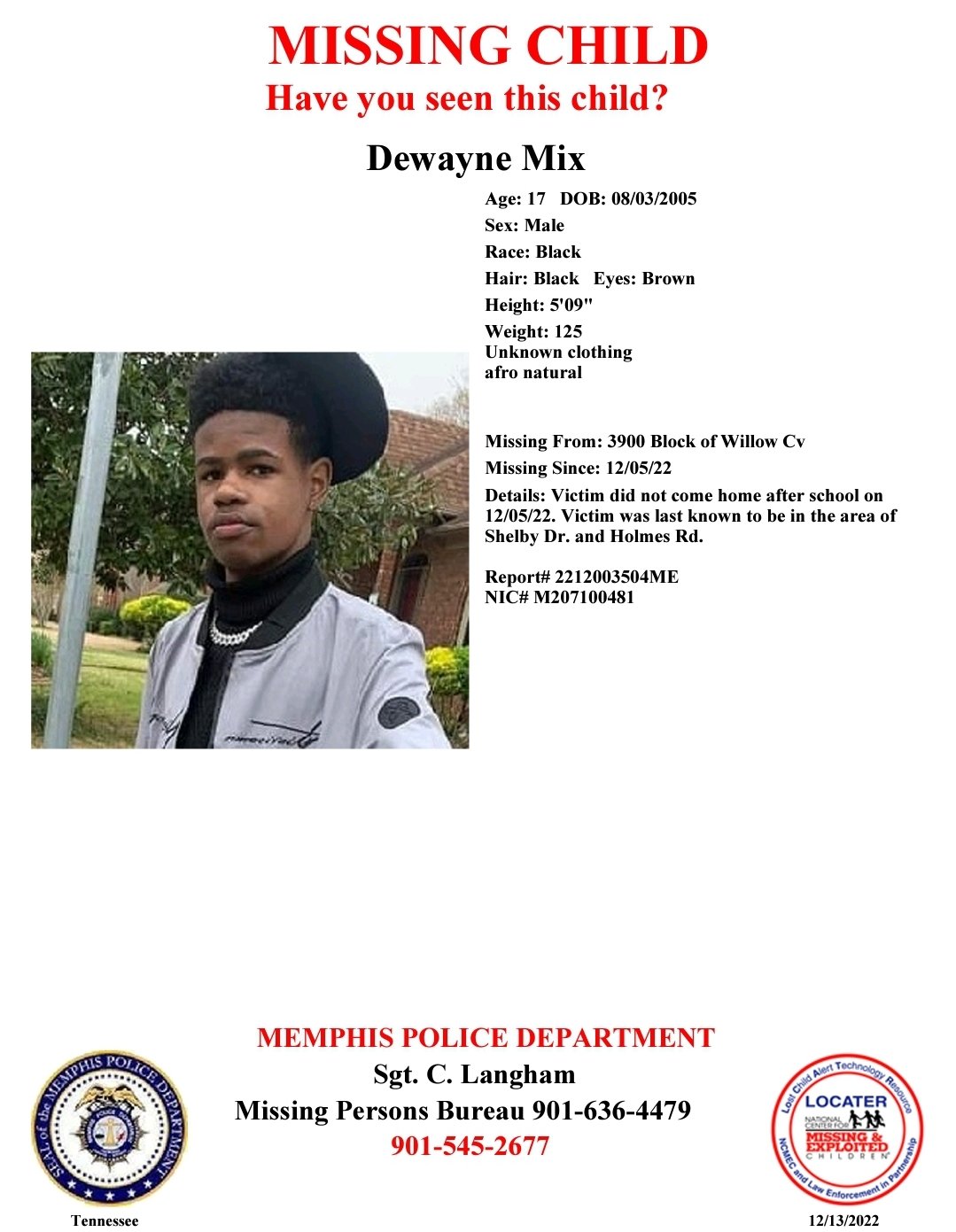 Memphis Police Dept on Twitter: "Have you seen Dewayne Mix? He did not come home after school on ...