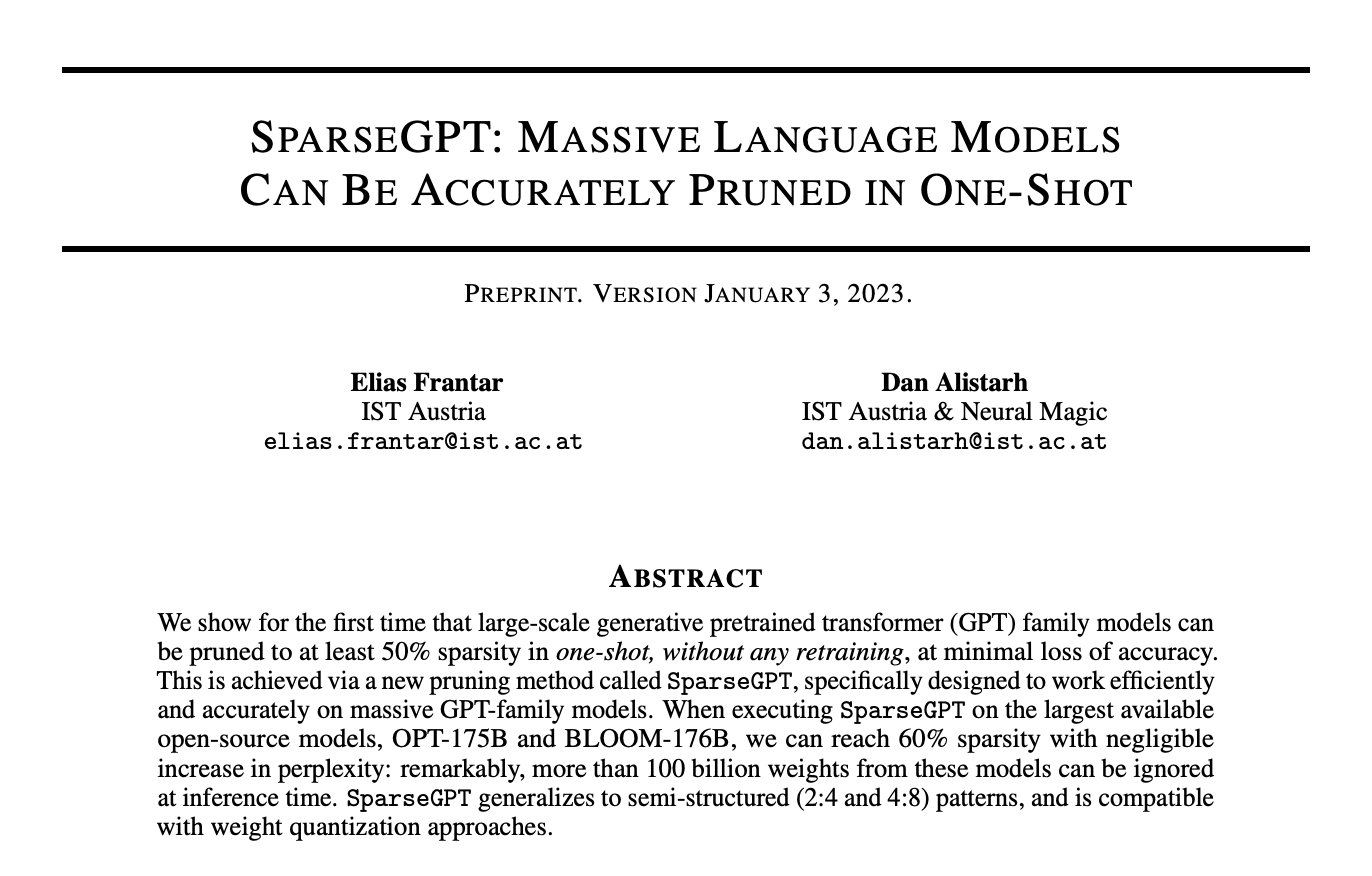 AK on Twitter: "Massive Language Models Can Be Accurately Pruned in One-Shot abs: https://t.co ...