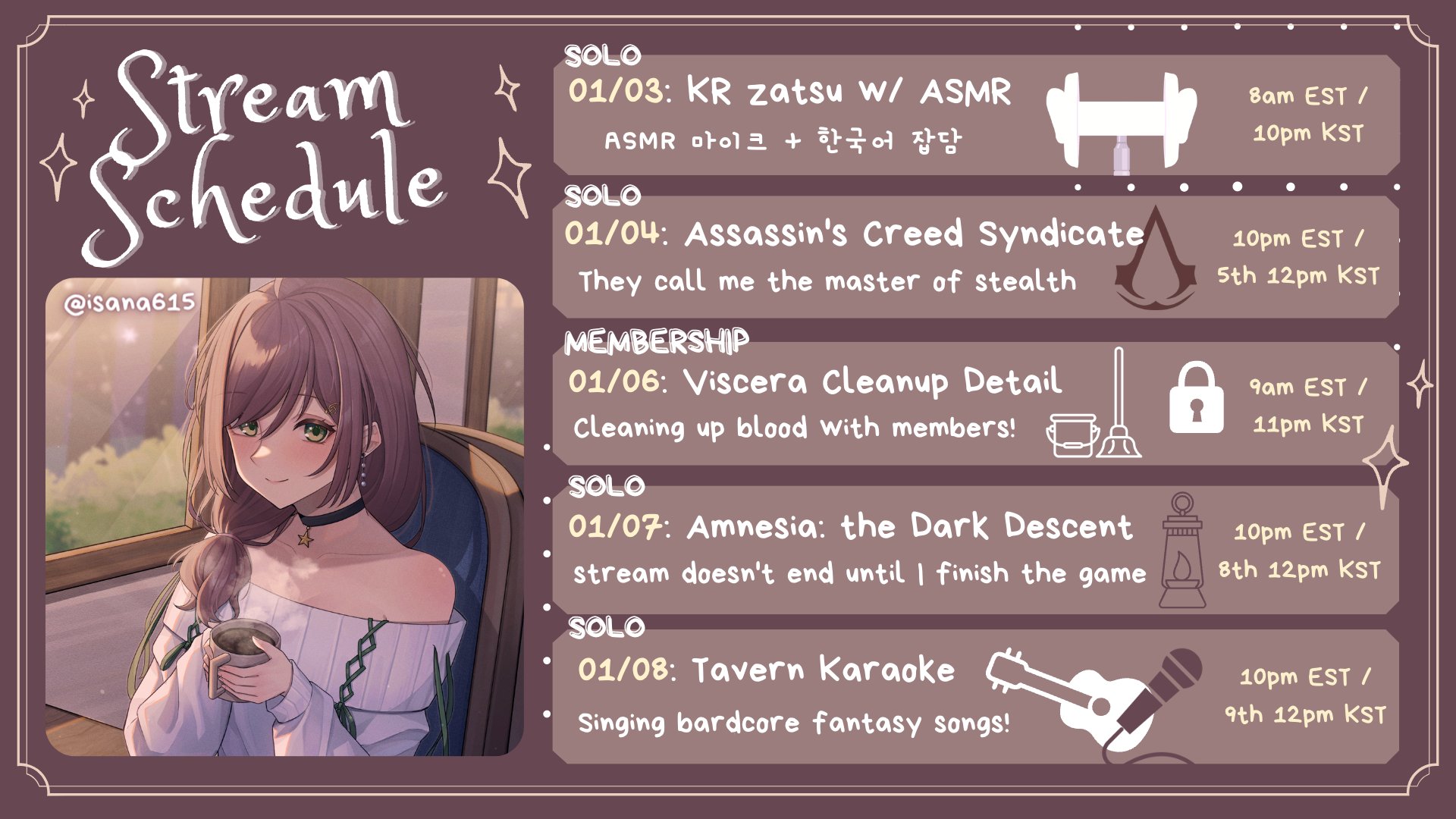 Miori Celesta 📜🍻 on Twitter: "📜 this week's schedule! 🎉 Fanart: # miorillust / R18: # celestussy ...