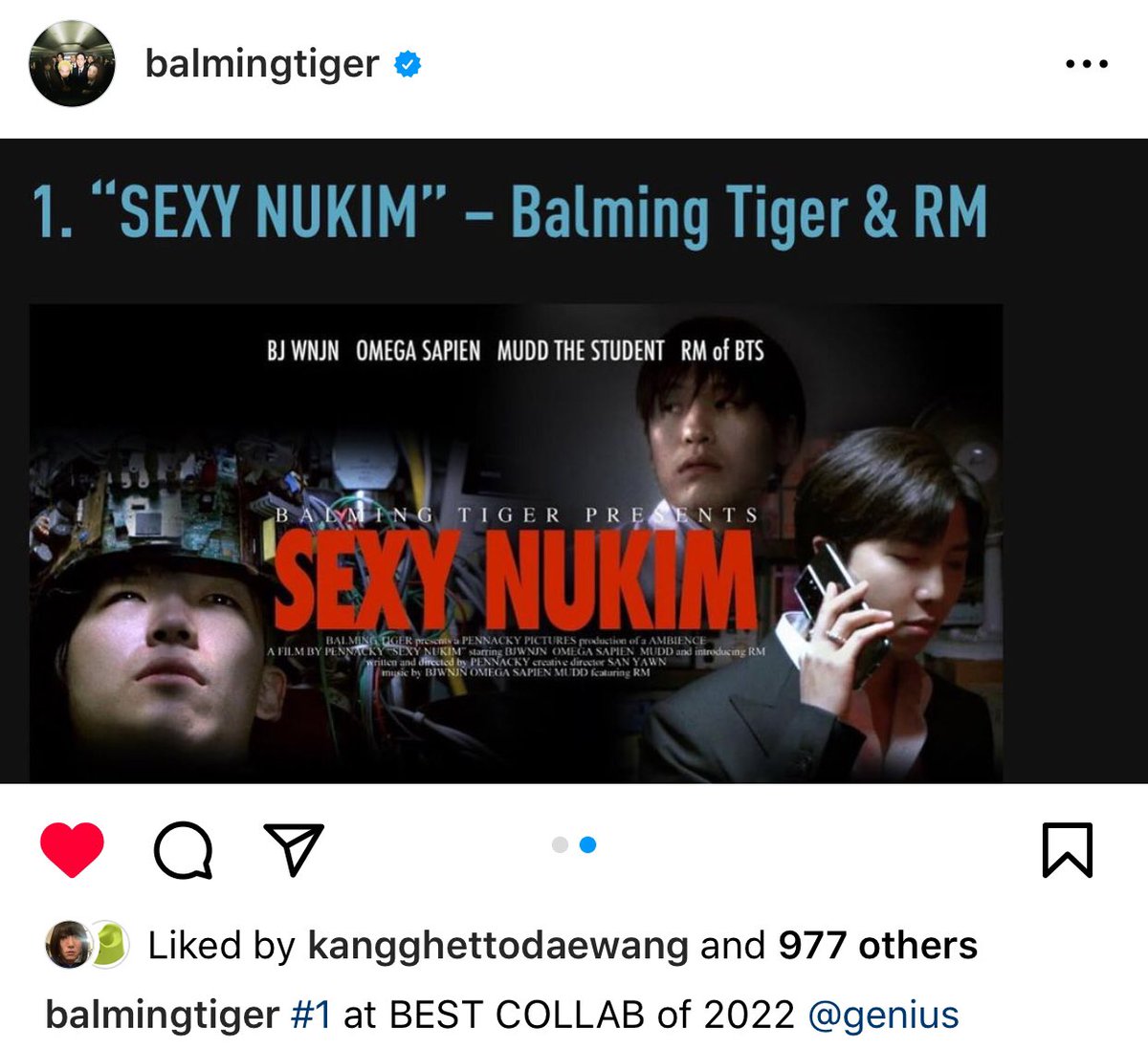 RM NEWS DATA • ɪɴᴅɪɢᴏ 12/2 💙🌊 on Twitter: "Balming Tiger (@/balmingtiger) IG POST: #1 at BEST ...