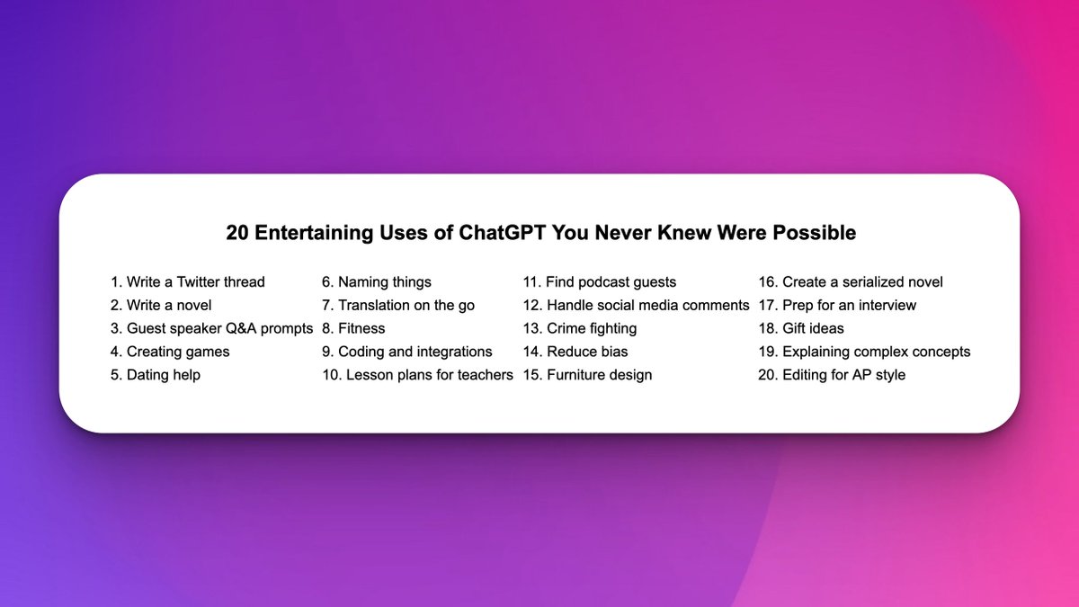 DataChazGPT 🤯 (not a bot) on Twitter: "20 entertaining uses of #ChatGPT you never knew were ...