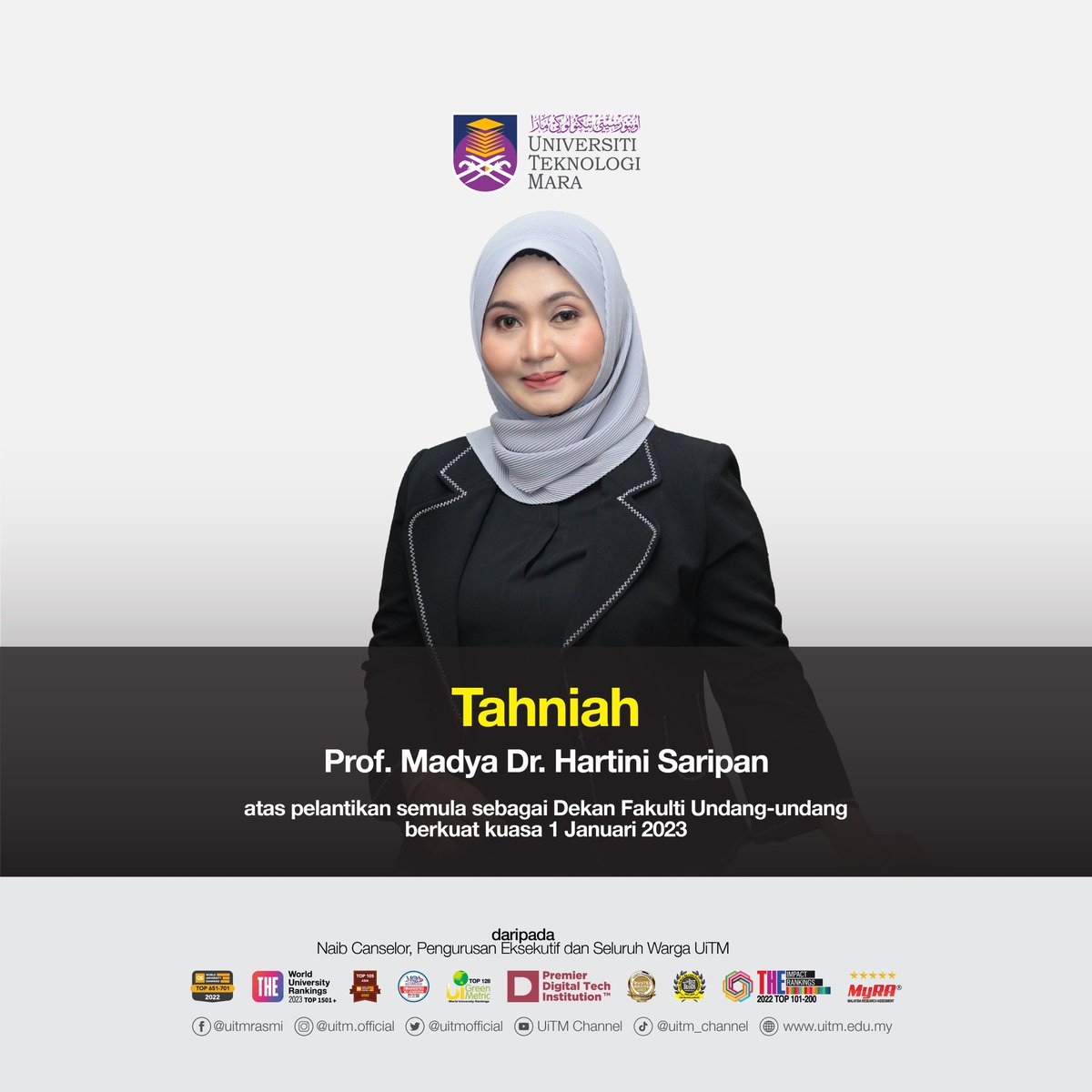 UiTM Official on Twitter: "𝗧𝗔𝗛𝗡𝗜𝗔𝗛 diucapkan kepada YBrs Prof Madya Dr Hartini Saripan atas ...