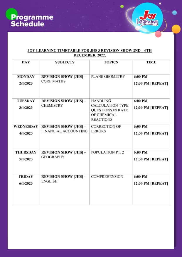 Joy Learning on Twitter: "Joy Learning timetable for JHS 3 Revision Show. #JoyLearningTV https ...