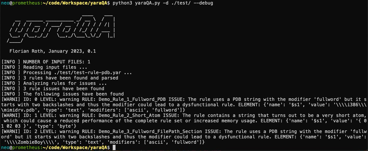 Florian Roth ⚡ on Twitter: "I've published the first v0.1 of my yaraQA tool on Github and will ...