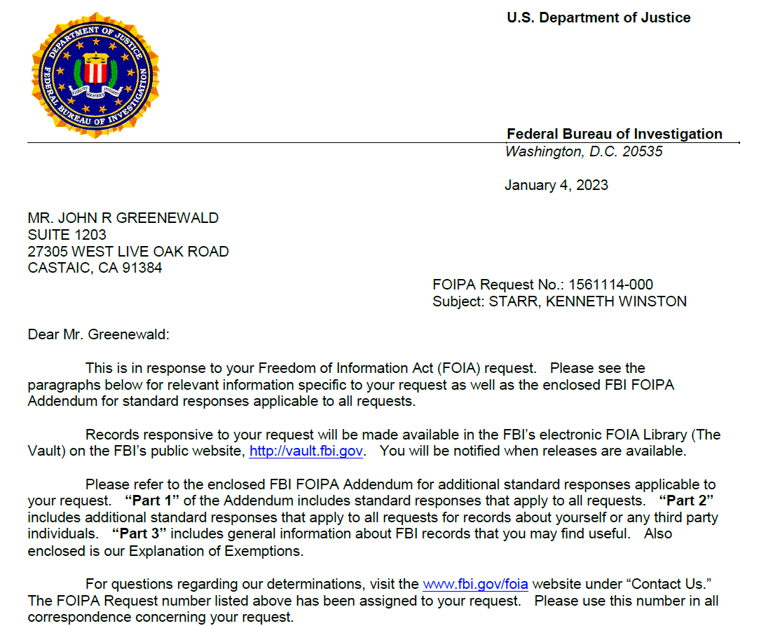 John Greenewald, Jr. on Twitter: "Looks like the FBI will be releasing files on Ken Starr in the ...