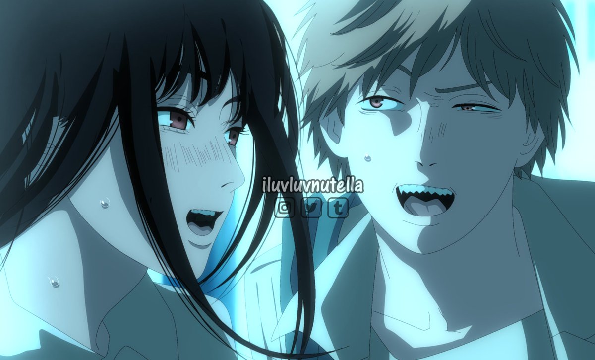 denji (chainsaw man) 1girl 1boy black hair teeth sharp teeth looking at ...