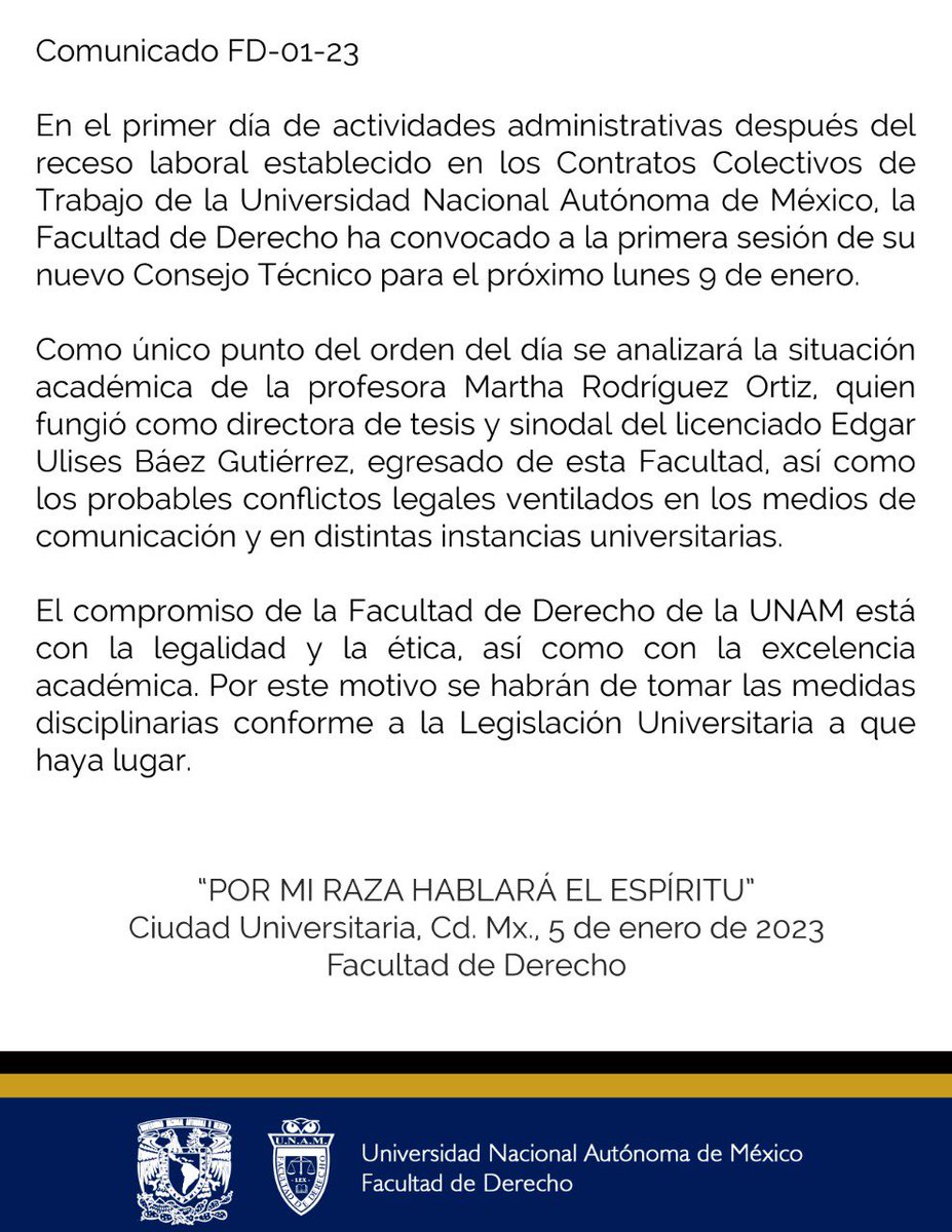 Facultad de Derecho on Twitter: "Comunicado FD-01-23"