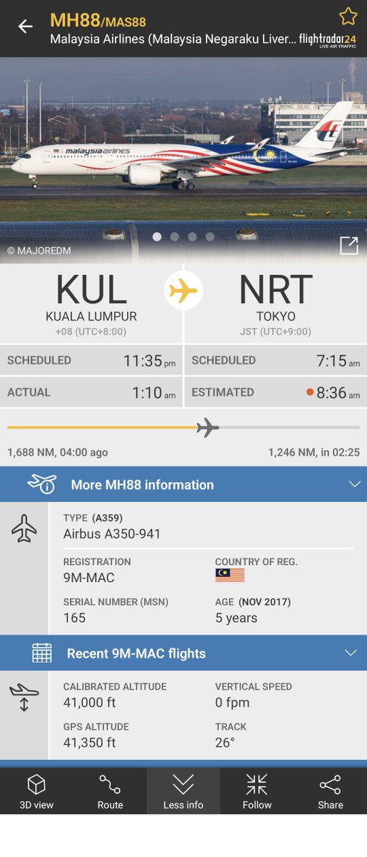 tanch on Twitter: "Malaysia Airlines MH88 MAS88 from KUL to NRT A350-900 9M-MAC Malaysia ...