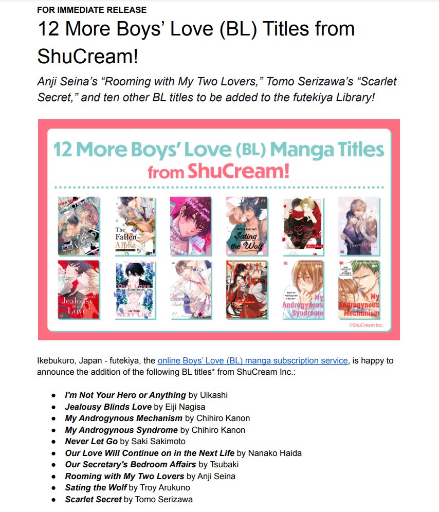 TheOASG on Twitter: "futekiya has announced they've licensed 12 Boys Love manga from ShuCream ...