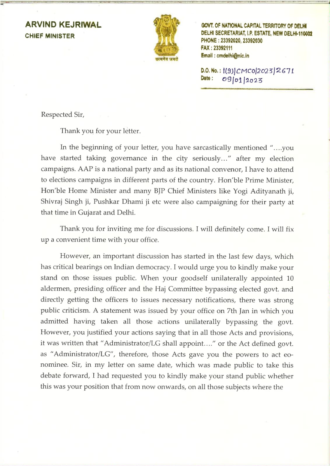 Arvind Kejriwal on Twitter: "Recd a letter today from Hon’ble LG inviting me for discussions on ...
