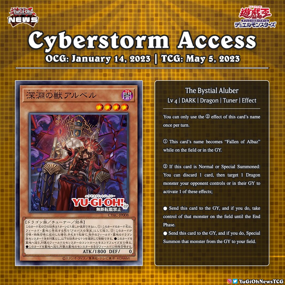 YuGiOh News on Twitter: " 𝗖𝘆𝗯𝗲𝗿𝘀𝘁𝗼𝗿𝗺 𝗔𝗰𝗰𝗲𝘀𝘀 New “Fallen of Albaz / Bystial” support have been ...