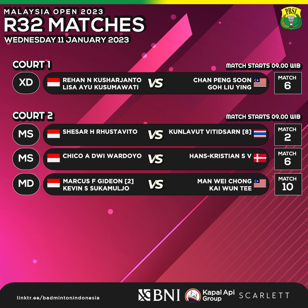 BADMINTON INDONESIA on Twitter: "Babak 32 besar Malaysia Open 2023 berlanjut besok. Berikut ...