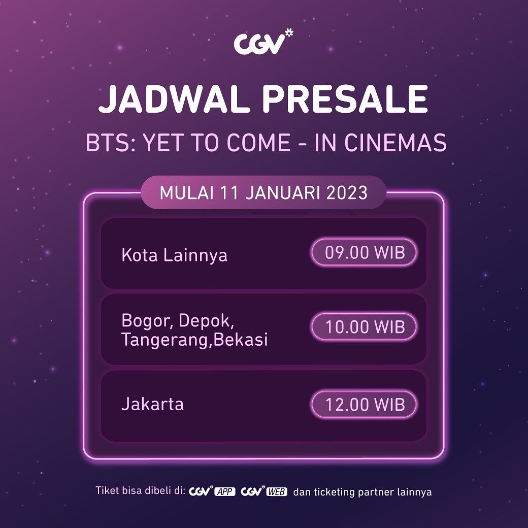 CGV Cinemas on Twitter: "Hari ini tiket BTS: YET TO COME - IN CINEMAS bisa dibeli sesuai jadwal ...