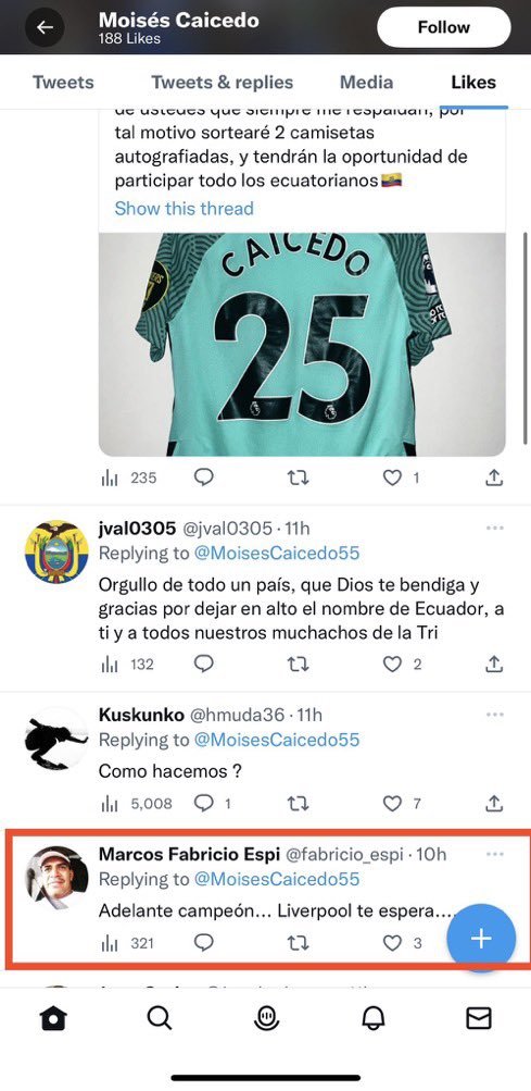 The Anfield Talk on Twitter: "Moises Caicedo has liked a tweet saying ‘Liverpool awaits you’…"