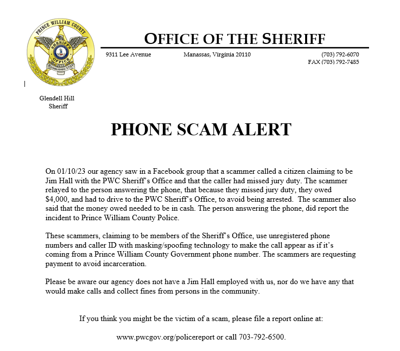 Prince William County Police Department On Twitter Scam Alert From