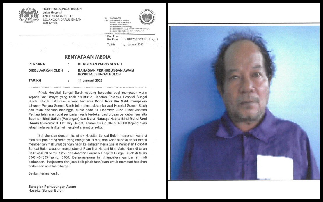 BERNAMA on Twitter: "Hospital Sungai Buloh cari waris Mohd Roni Malik https://t.co/pybs4LG4Vo ...
