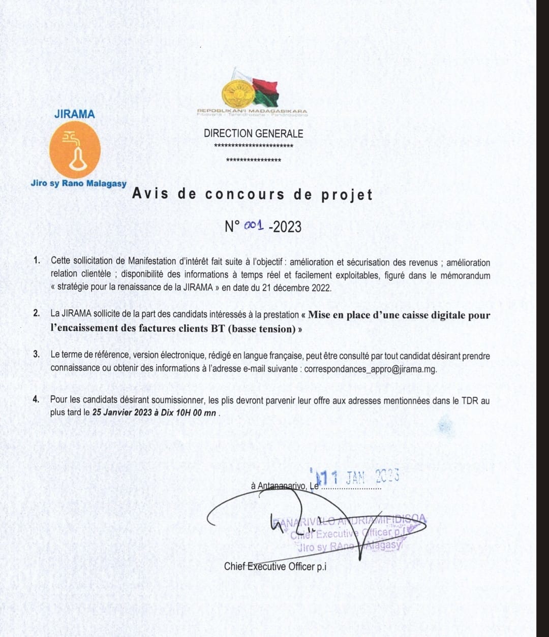 JIRAMA OFFICIEL on Twitter: "🟠 AVIS DE CONCOURS DE PROJET 🟠 À l'attention des candidats ...