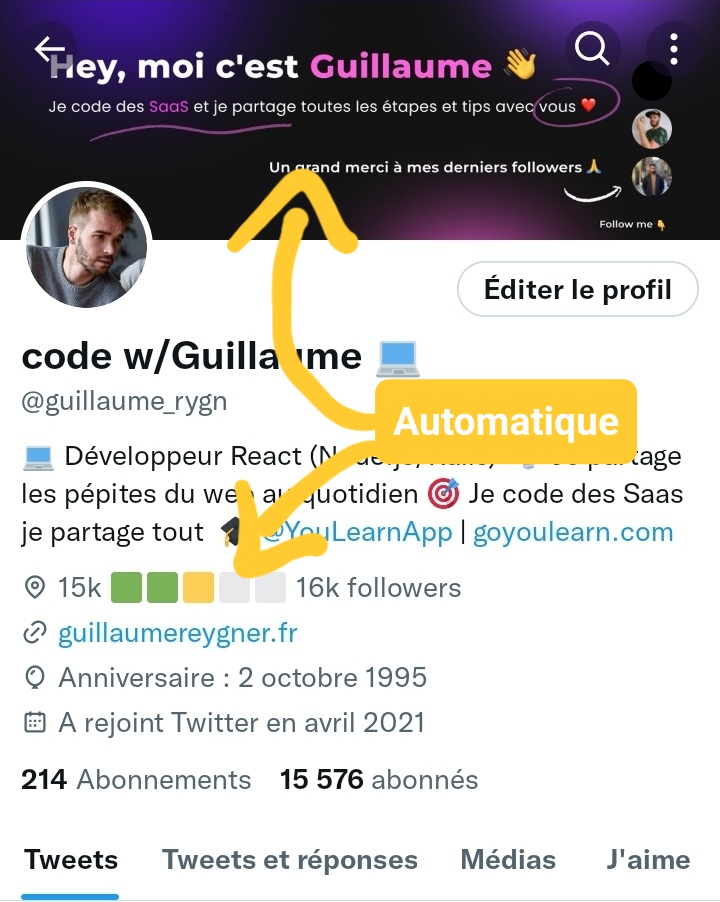 Mon profil Twitter est dynamique 🤖 il met à jour ma bannière et mon compteur de followers ...