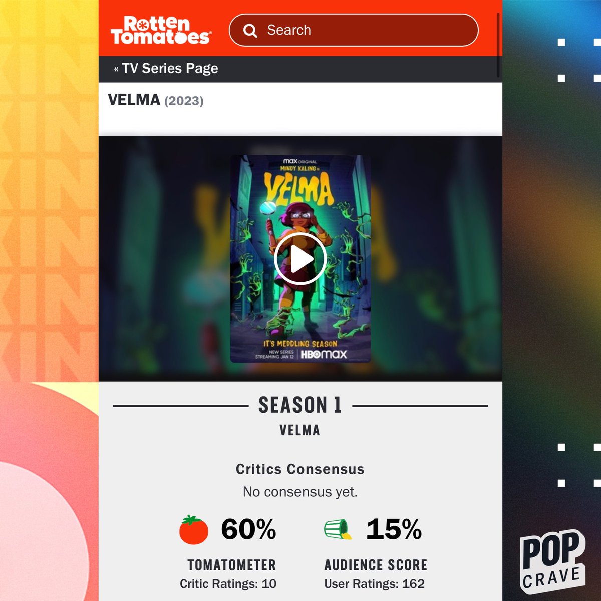 Pop Crave on Twitter: "‘VELMA’ debuts with a score of 60% on Rotten Tomatoes based off 10 reviews."