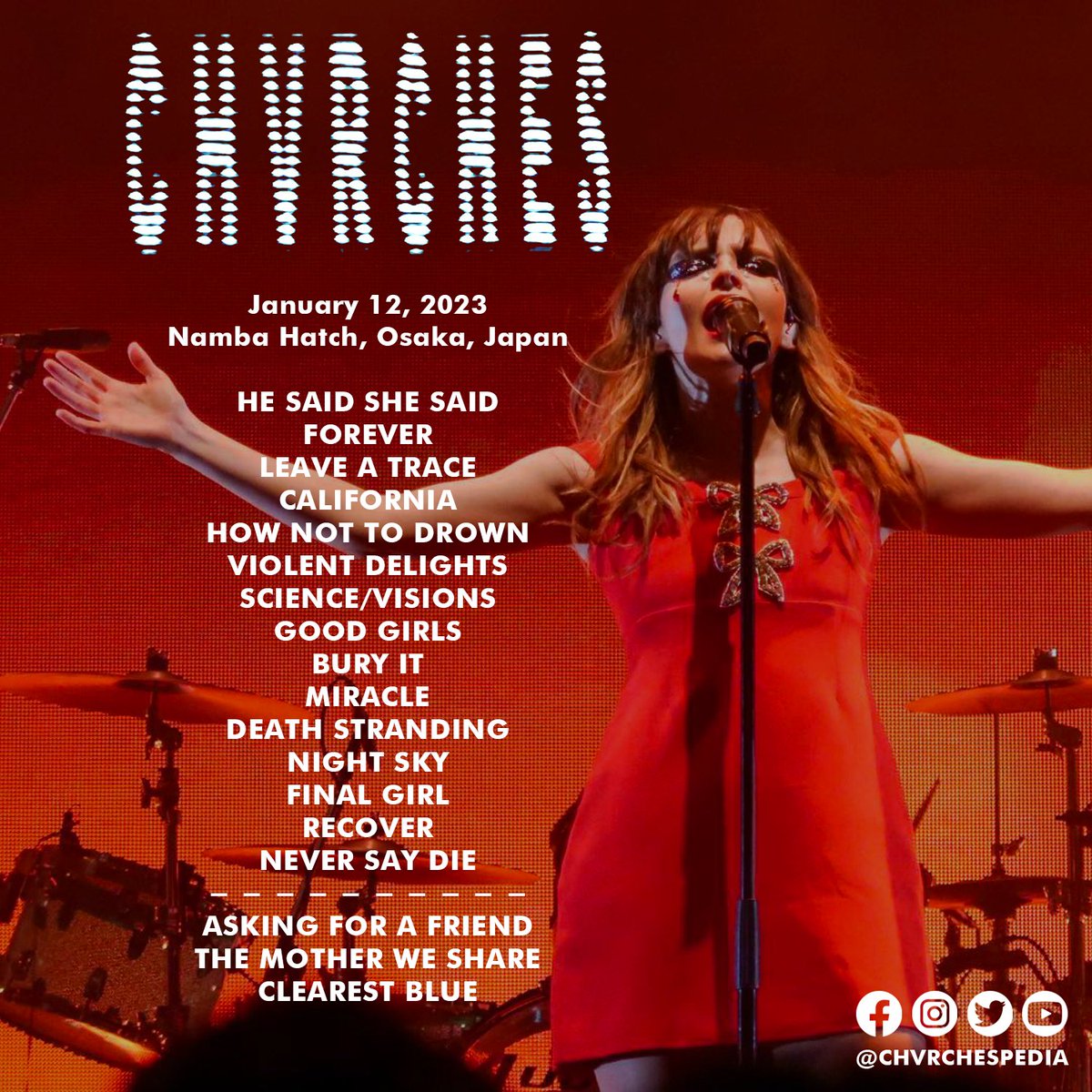 HIDEO_KOJIMA on Twitter: "RT @chvrchespedia: 🗓️ January 12, 2023 🇯🇵 Namba Hatch, Osaka, Japan 📄 ...