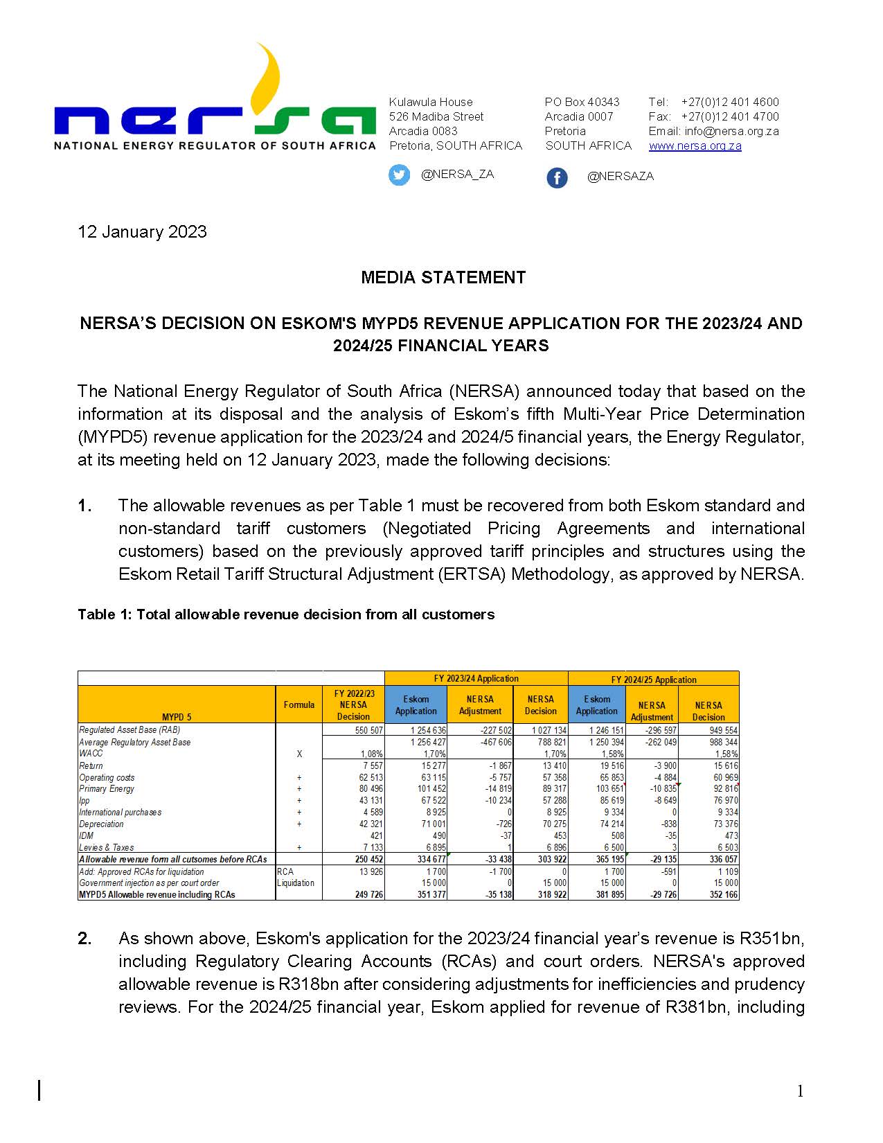 NERSA_ZA on Twitter: "Media statement - Energy Regulator decision on Eskom's MYPD5 revenue ...
