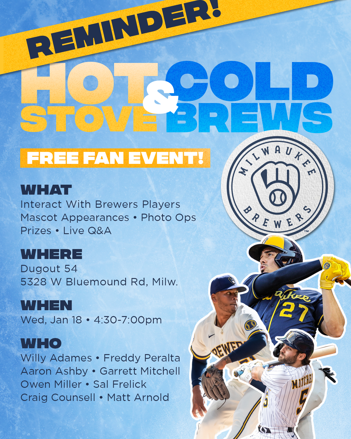 Milwaukee Brewers on Twitter: "Don't miss out! Join us next Wednesday at Hot Stove & Cold Brews ...