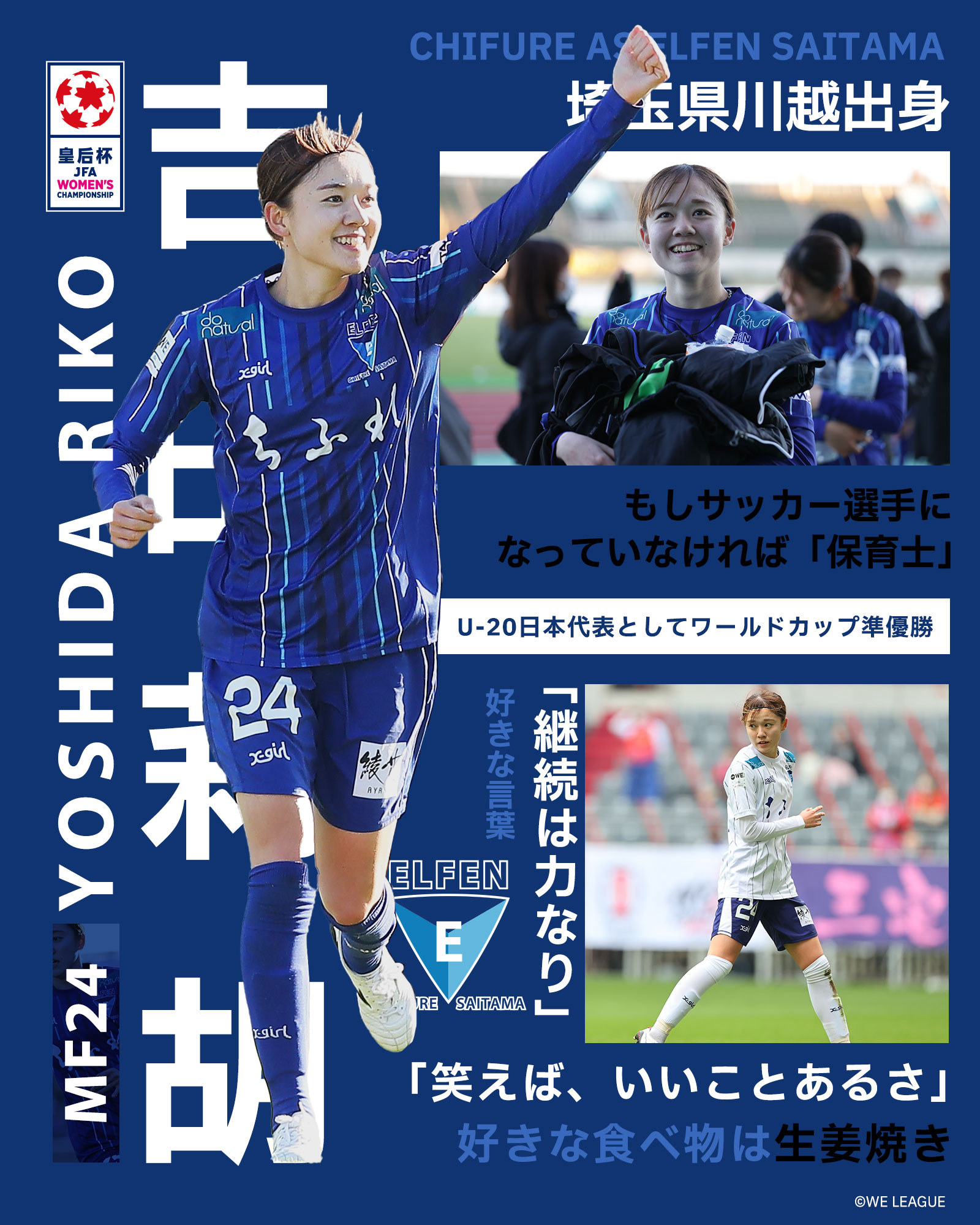 JFAなでしこサッカー on Twitter: "#皇后杯 準々決勝進出チーム⚽ 注目選手紹介📝 #ちふれASエルフェン埼玉💙 24 MF #吉田莉胡 🔗選手紹介ページ https://t ...