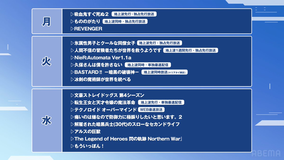 ABEMAアニメ(アベマ) on Twitter: "🌅1月新番ラインナップ🌅 ABEMAは冬アニメ最速配信数最大級☃️ 【最速配信】全17作品が決定 他話題作も含む 冬アニメ全49作品の無料 ...