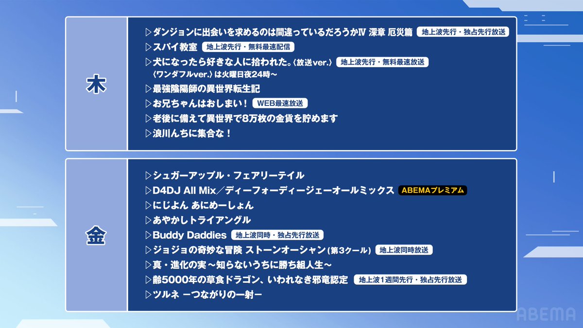 ABEMAアニメ(アベマ) on Twitter: "🌅1月新番ラインナップ🌅 ABEMAは冬アニメ最速配信数最大級☃️ 【最速配信】全17作品が決定 他話題作も含む 冬アニメ全49作品の無料 ...