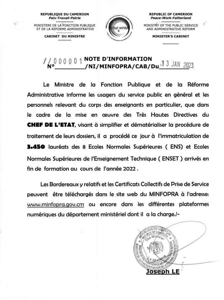 MINFOPRA officiel on Twitter: "𝟯.𝟰𝟱𝟬 𝗺𝗮𝘁𝗿𝗶𝗰𝘂𝗹𝗲𝘀 𝗴𝗲́𝗻𝗲́𝗿𝗲́𝘀 𝗽𝗼𝘂𝗿 𝗹𝗲 𝗰𝗼𝗺𝗽𝘁𝗲 𝗱𝗲𝘀 𝗹𝗮𝘂𝗿𝗲́𝗮𝘁𝘀 𝗱𝗲𝘀 𝟴 ...