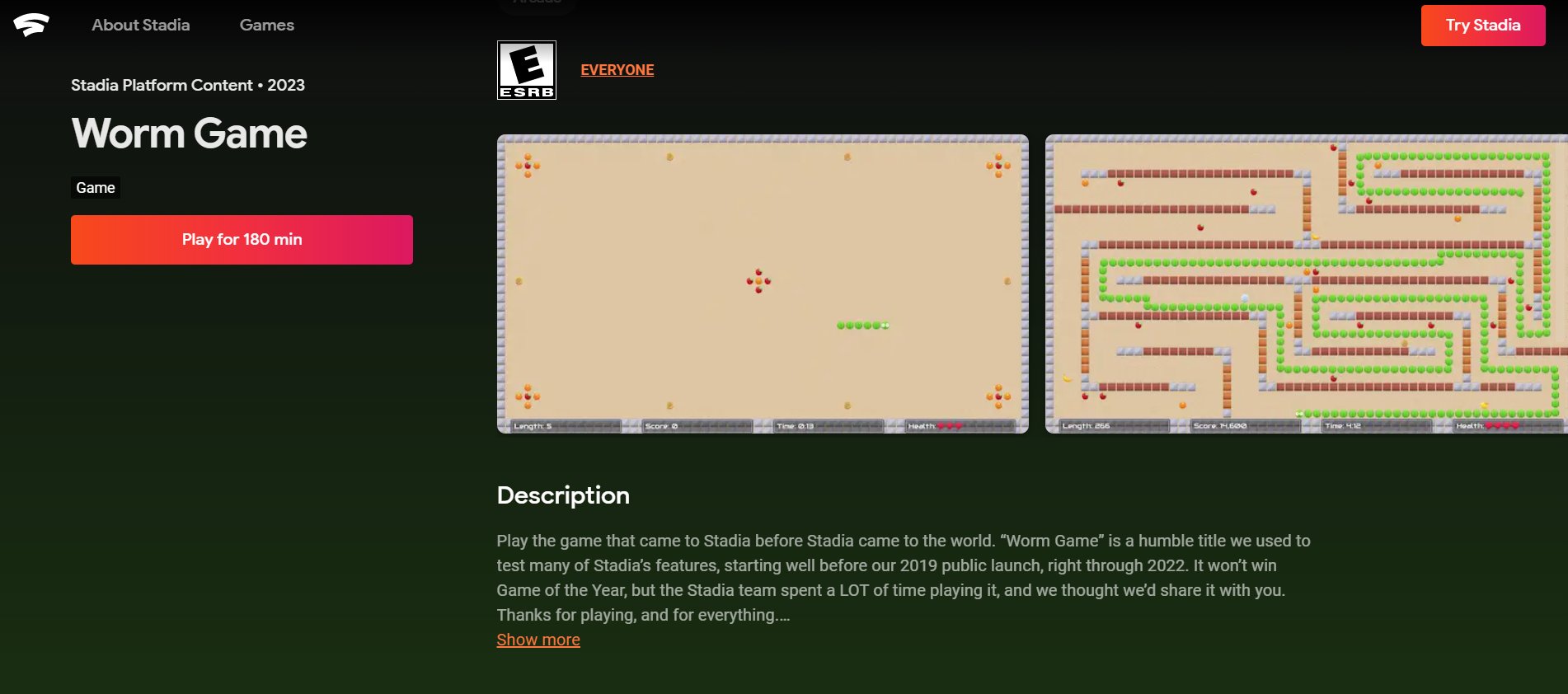Stadia has publicly released a free test "Worm Game" application as the ...
