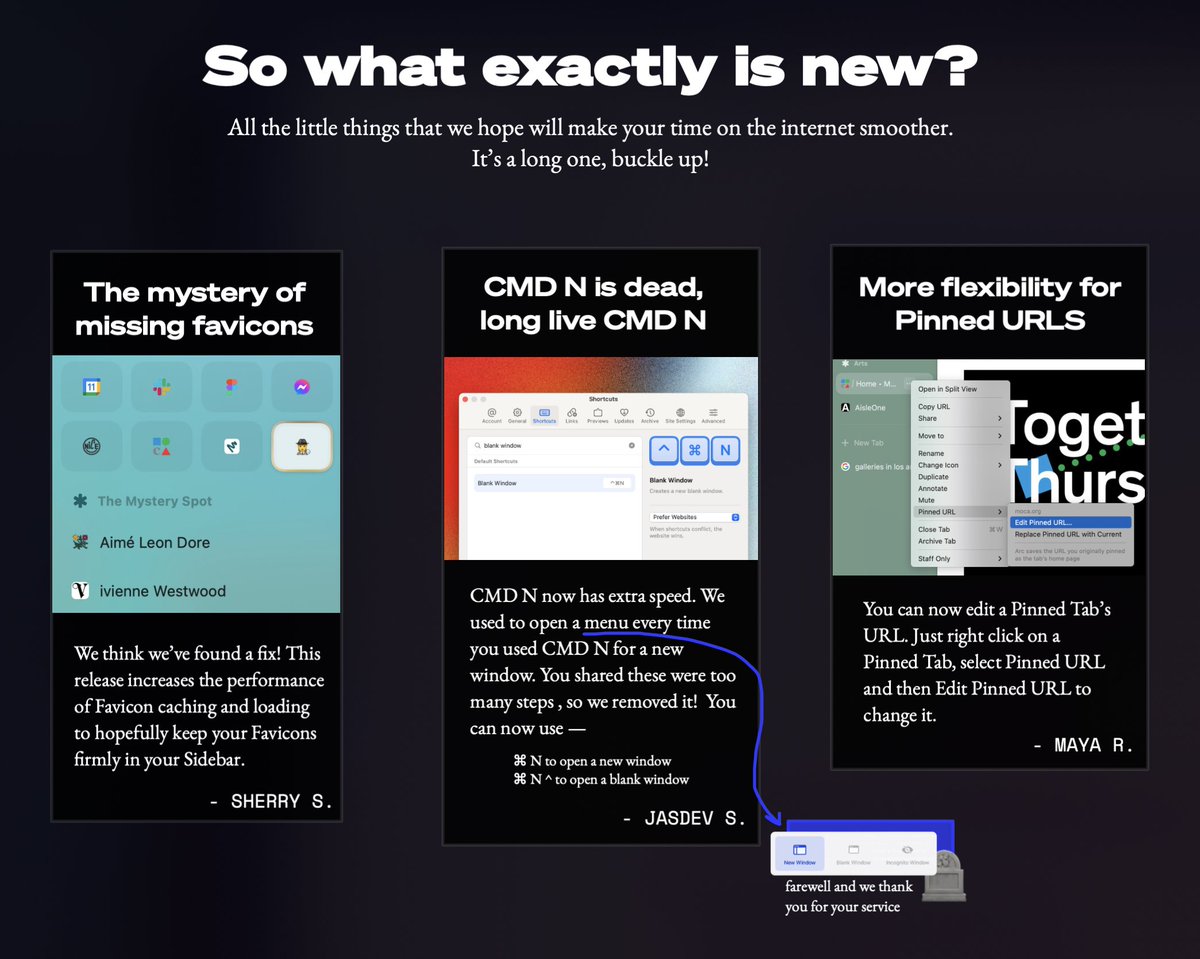 Jiayuan on Twitter: "Arc 浏览器的 Change Log 是我看过的所有产品中写得最有意思的。 2022 年有不少设计导向的产品从一些已经比较饱和的赛道中领跑了出来 ...