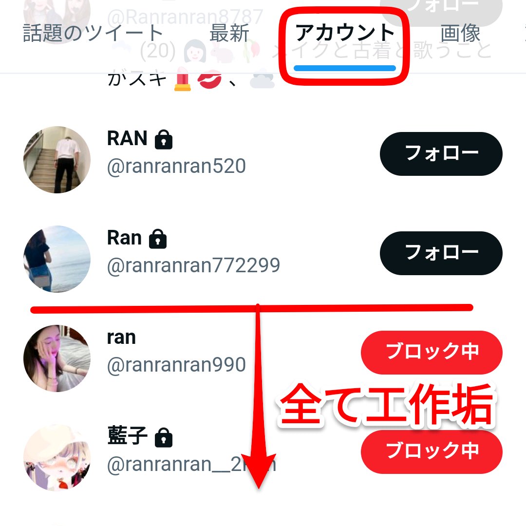 らん on Twitter: " らん休暇中の作法：追伸 ちなみに… @ranranran_ran 検索後の【アカウントタブ】に出てくる他のアカウントですが。 上から8件目より下の【ほぼ全て ...
