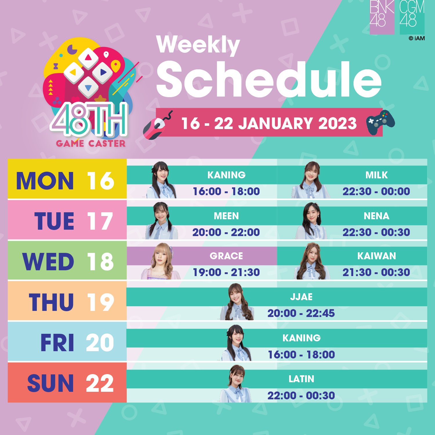 BNK48 on Twitter: "🎮Weekly Schedule :16-22 JANUARY 2023👾 พบกับเหล่า Caster ได้ตามเวลาต่อไปนี้กัน ...