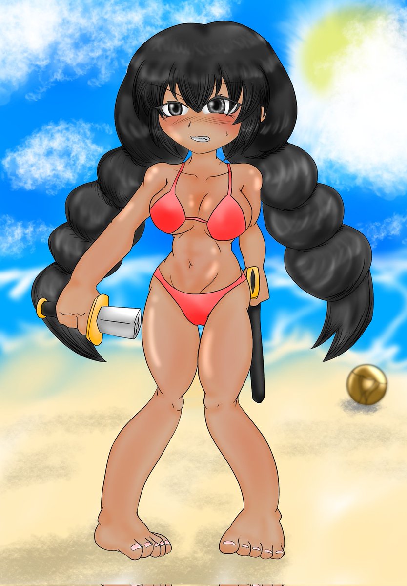 水着 #オリジナルキャラクター #剣士 #日焼け 着色!水着の浪流さん!! 来」|R-GL03のイラスト